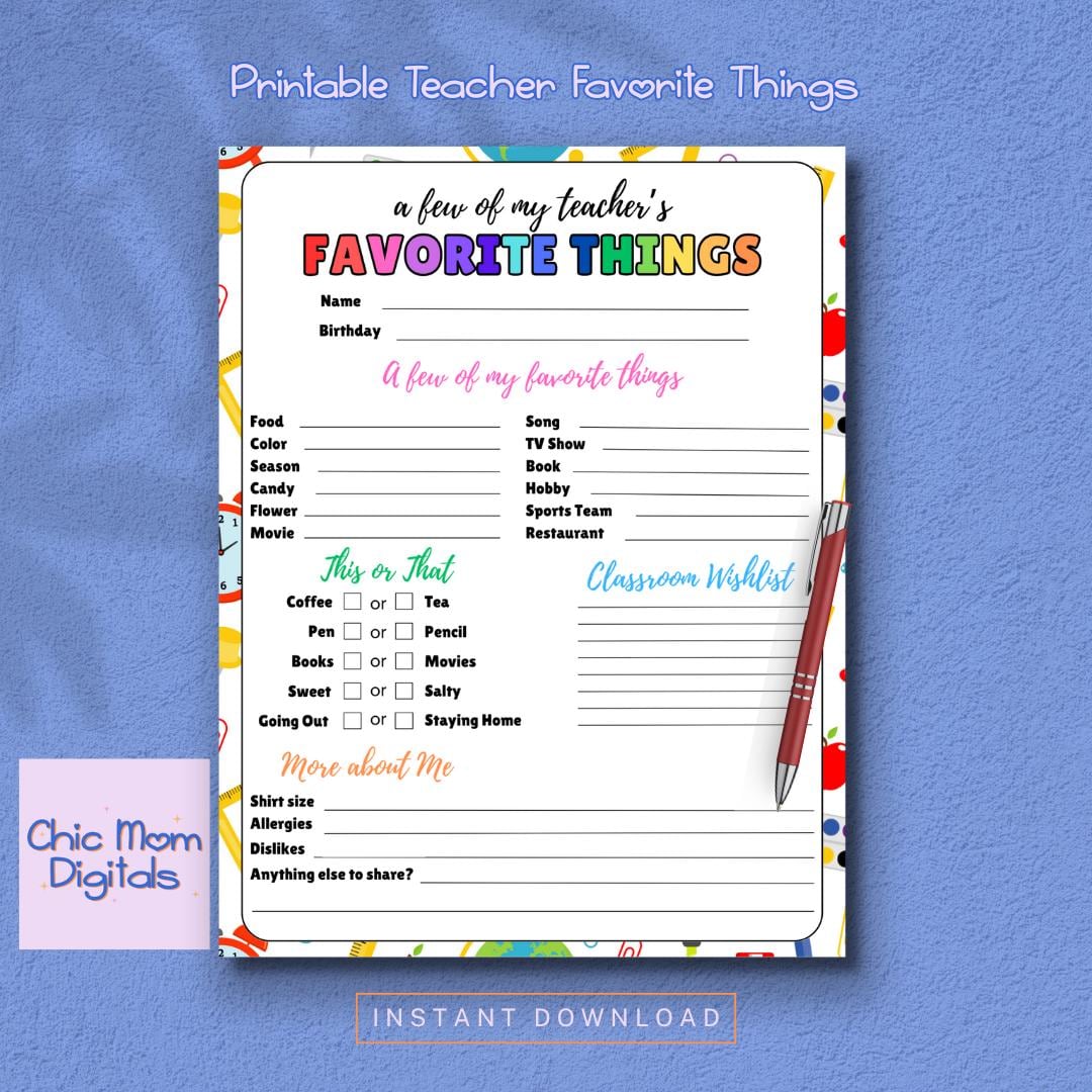 Teacher Favorites List Printable: Back to School Gift Organizer (PDF ...