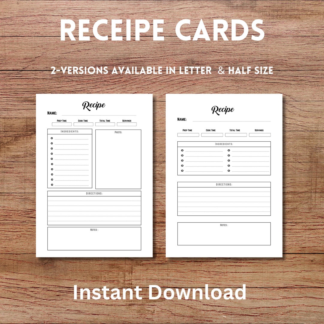 Printable Blank Recipe Card Template Set, Letter and Half Size Recipe ...