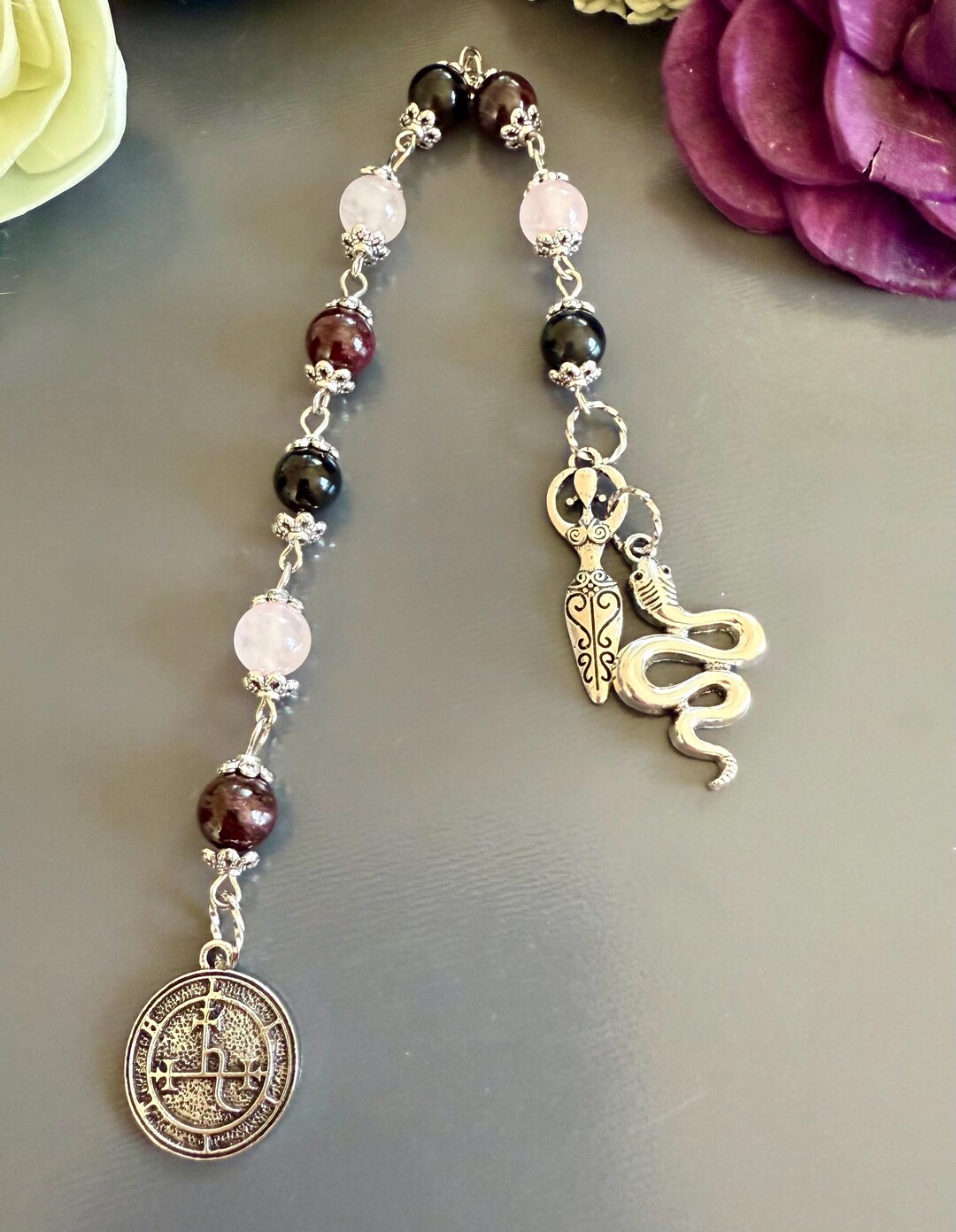 Goddess Lilith Sigil Devitional Prayer Beads: Garnet, Obsidian, Rose ...