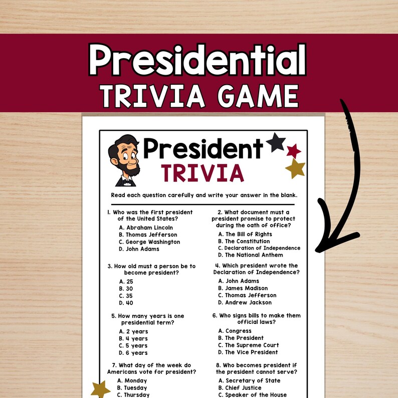 President Day Trivia Printable for Kids, U.S. History Quiz + Answer Key ...