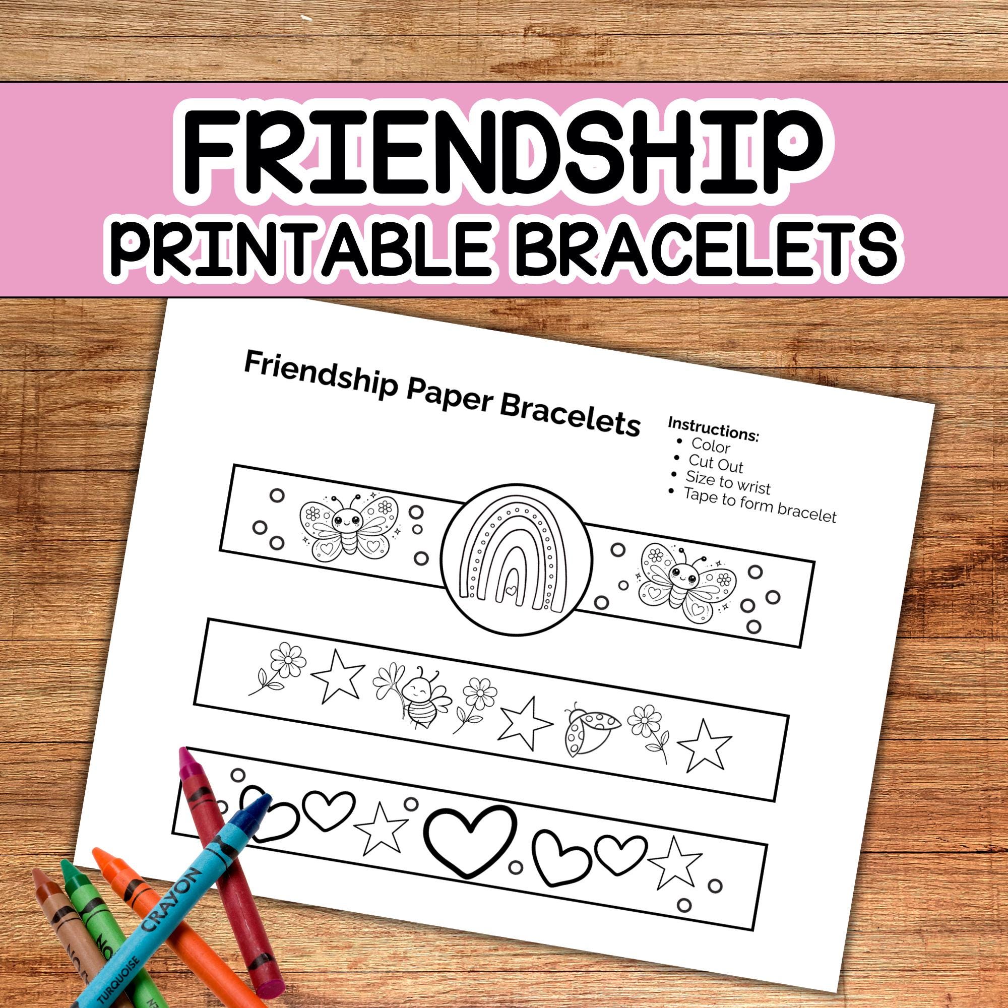 Friendship Printable Bracelets PDF, Kids Rainbow & Heart Craft ...