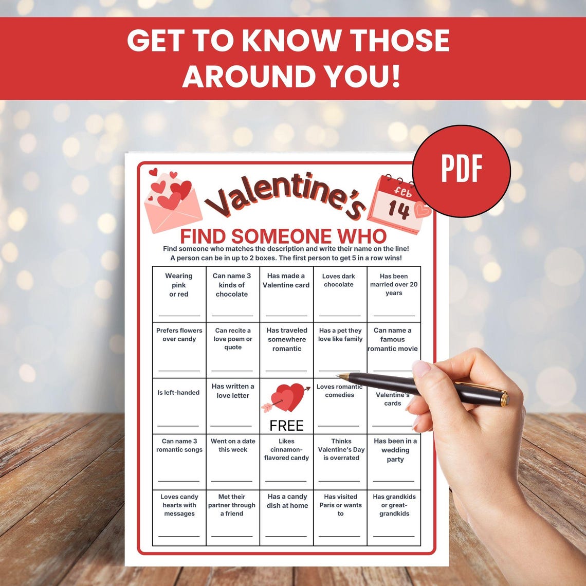 Valentine’s Day Find Someone Who Game, Ice Breaker Bingo, Find the ...