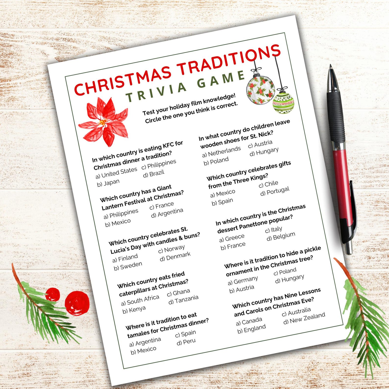 Christmas Traditions Trivia Game, Christmas Around the World Quiz ...
