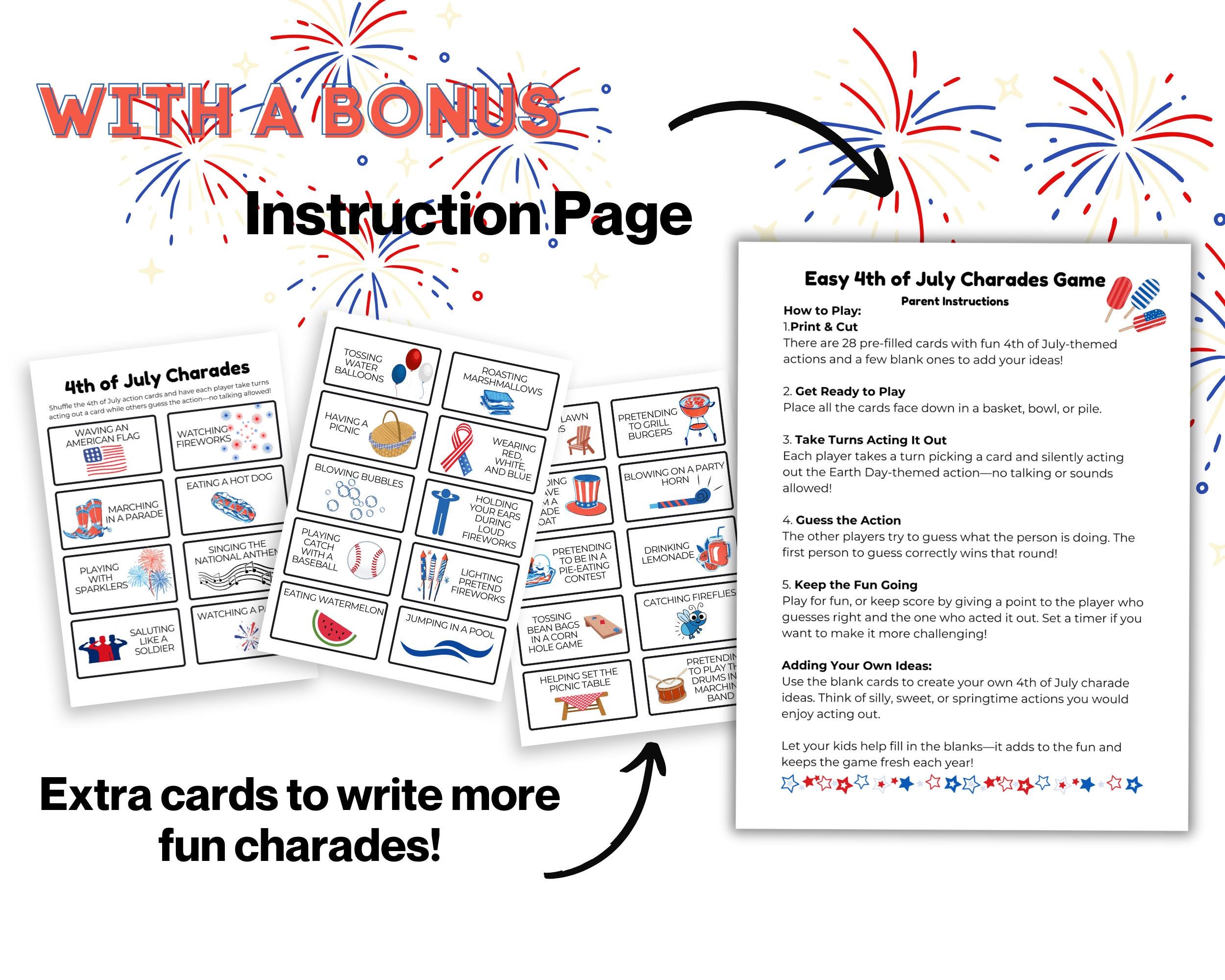 4th of July Charades Game Printable, Fun Independence Day Activity ...
