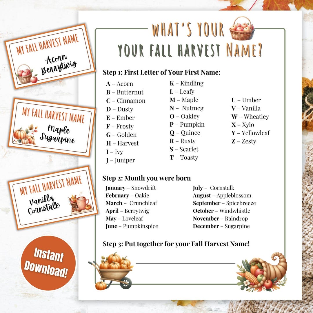 FALL Party Name Game, Fall Harvest Name Generator Game, Autumn Party ...