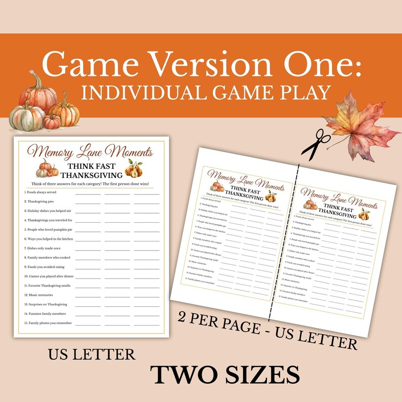 Thanksgiving Think Fast Game Pack, Thanksgiving Memory Lane Printable ...
