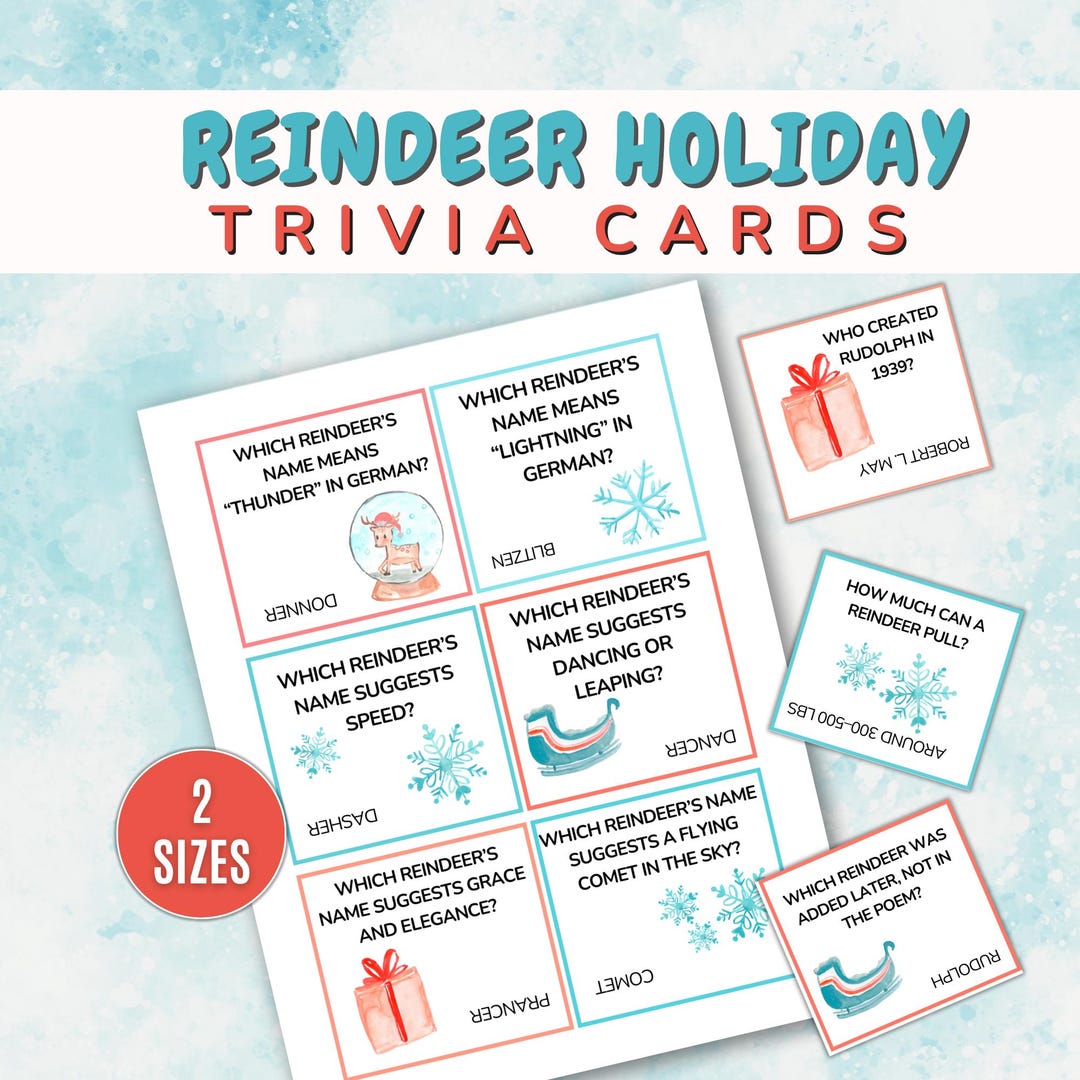 Reindeer Christmas Trivia Cards, Printable Xmas Game, Holiday Party ...