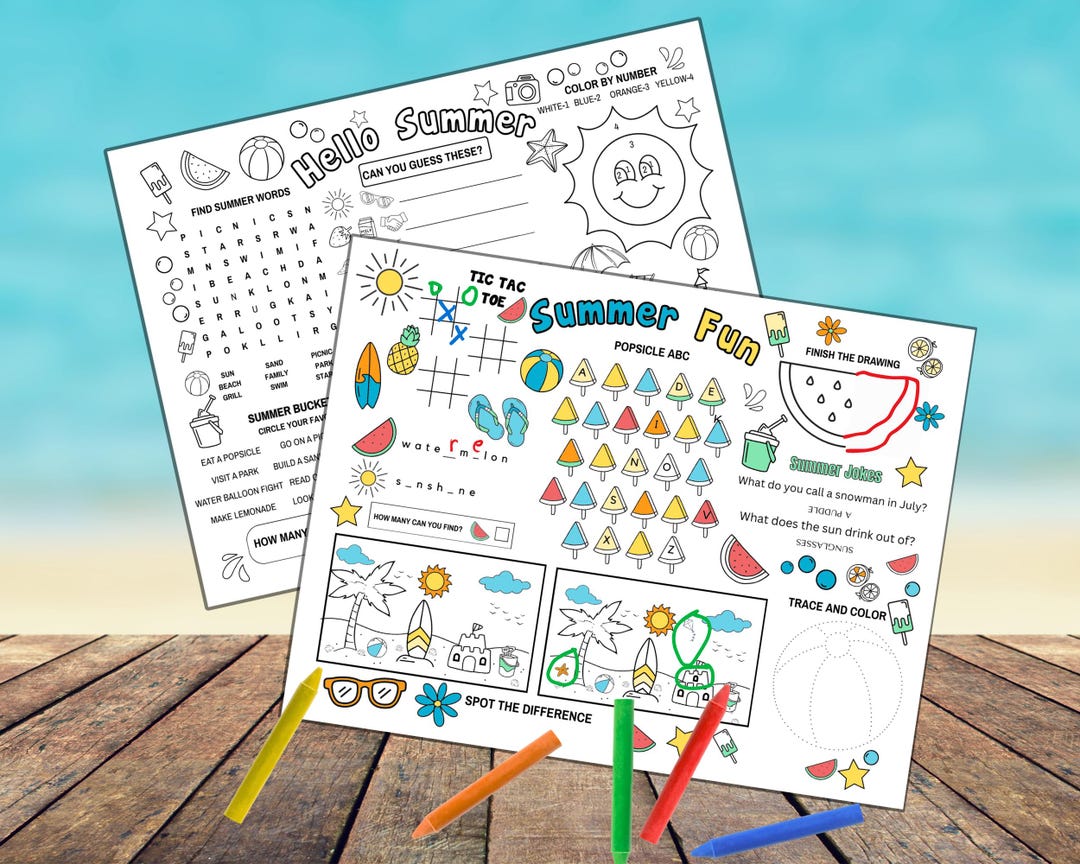 Summer Activity Placemats for Kids Printable PDF, Coloring, Crossword ...