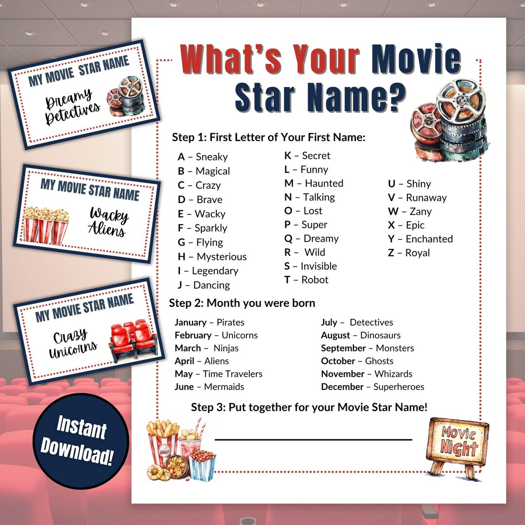 Movie Night Fun Name Generator Printable, Icebreaker What's Your Name ...