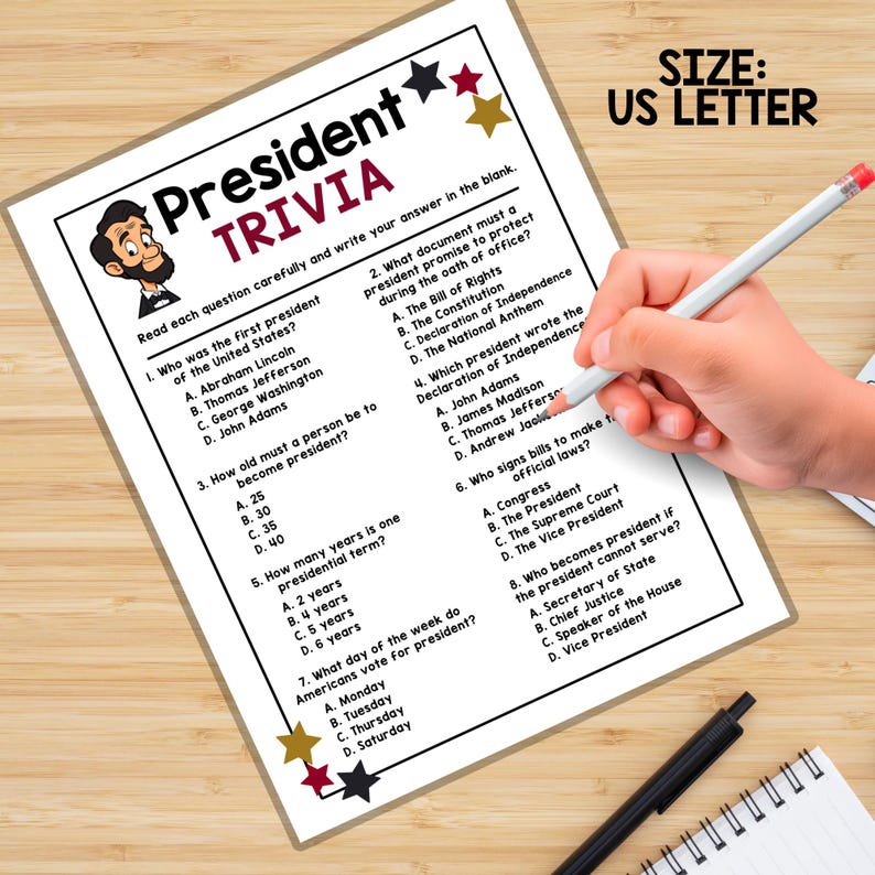 President Day Trivia Printable for Kids, U.S. History Quiz + Answer Key ...