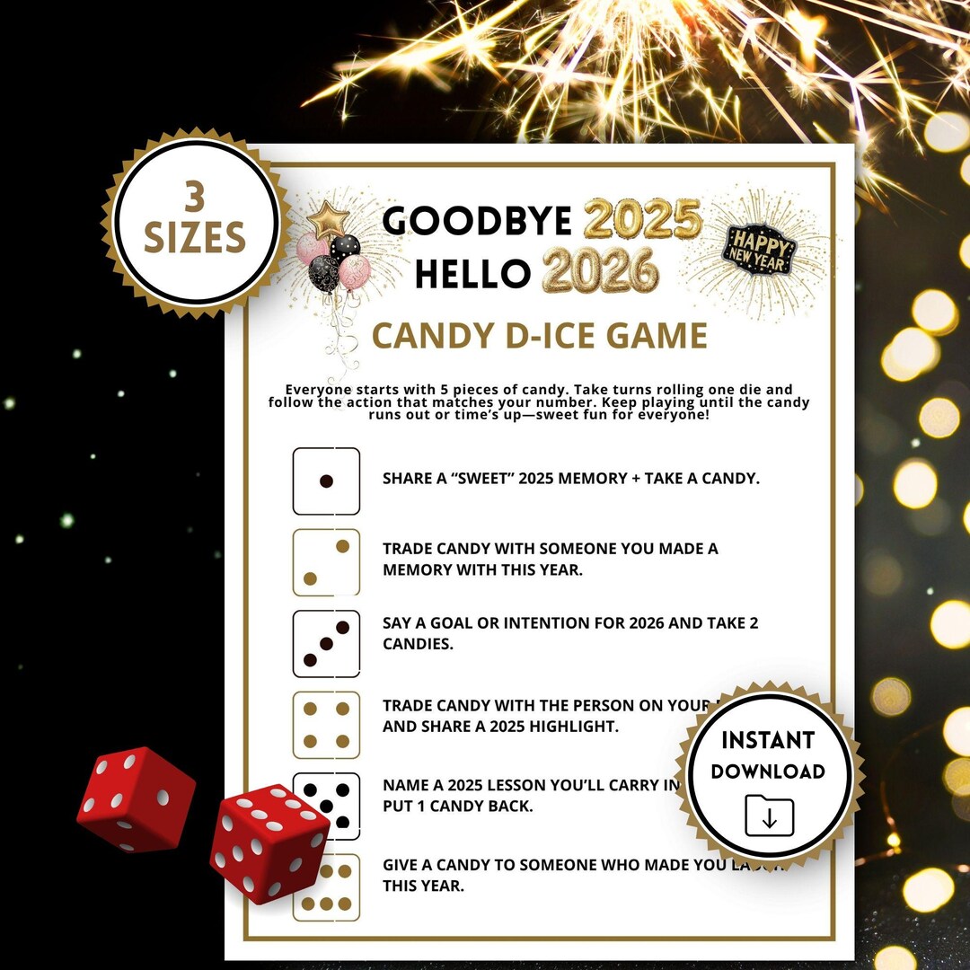 New Year’s Eve Candy Dice Game Printable, Roll & Reflect Conversation ...