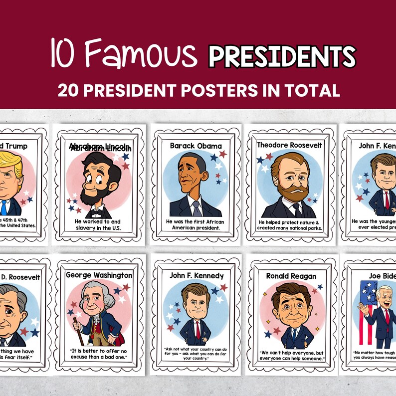 Presidents Day Posters for Kids, 20 US Presidents Posters - Facts ...