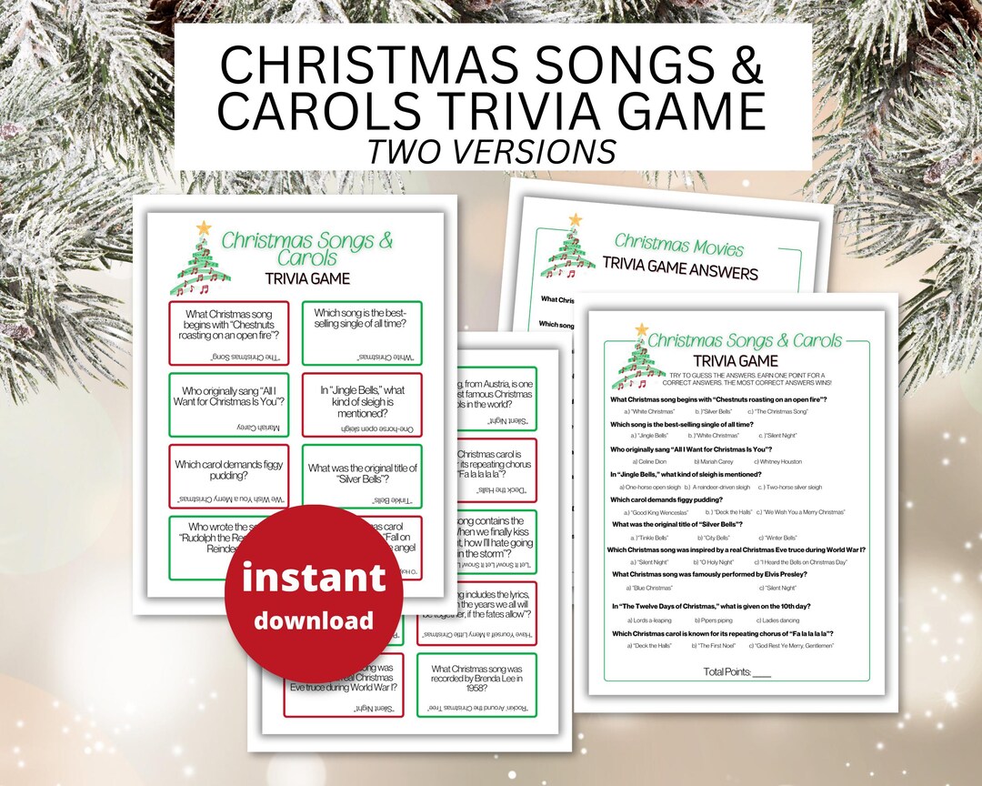 Christmas Songs & Carols Trivia Printable Game for Holiday Party Fun as ...