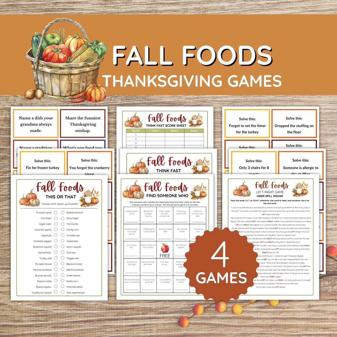 Thanksgiving Game Bundle, 4 Fun Printable Games, Family Fall Food, Left ...