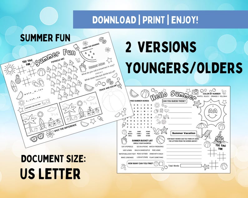 Summer Activity Placemats for Kids Printable PDF, Coloring, Crossword ...