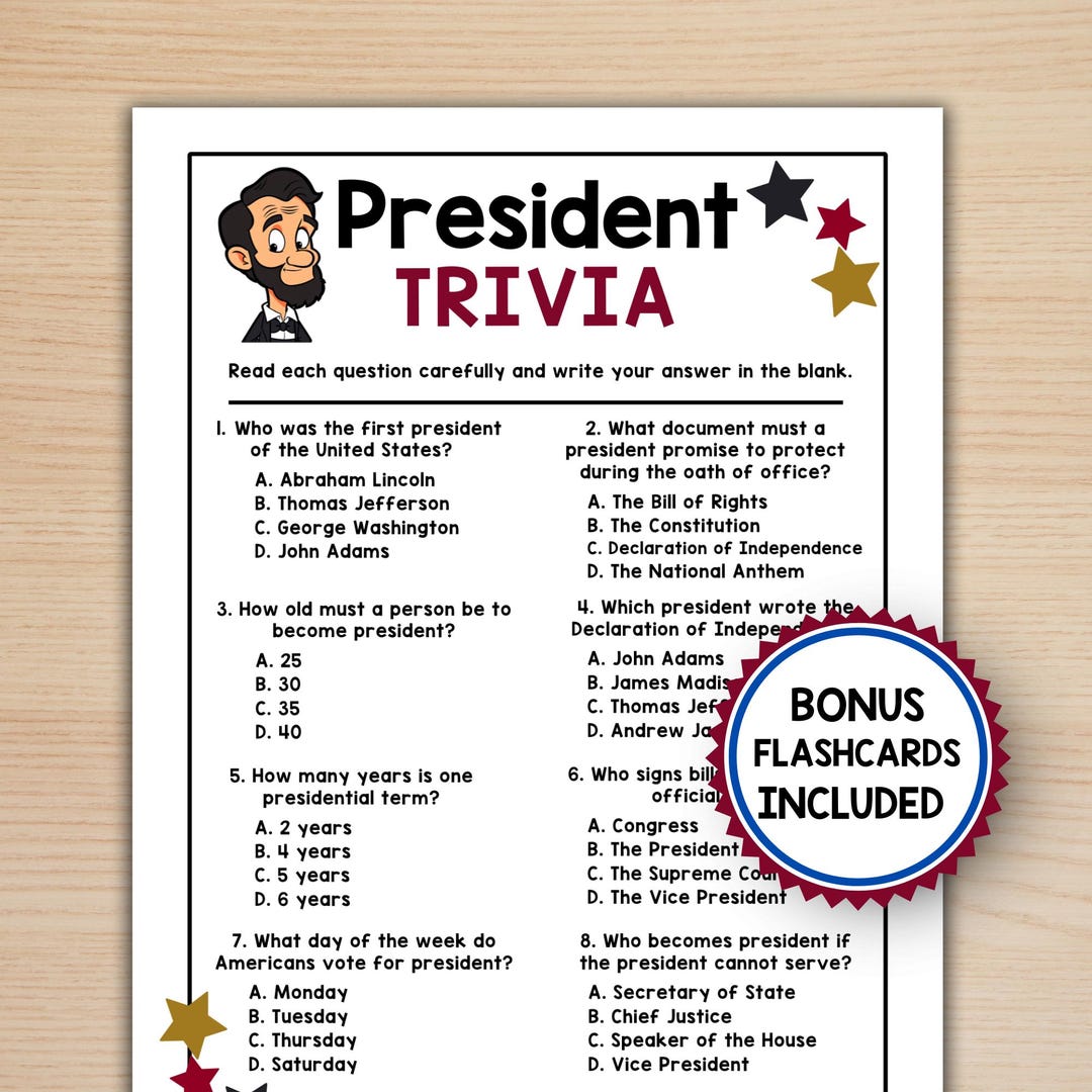 President Day Trivia Printable for Kids, U.S. History Quiz + Answer Key ...