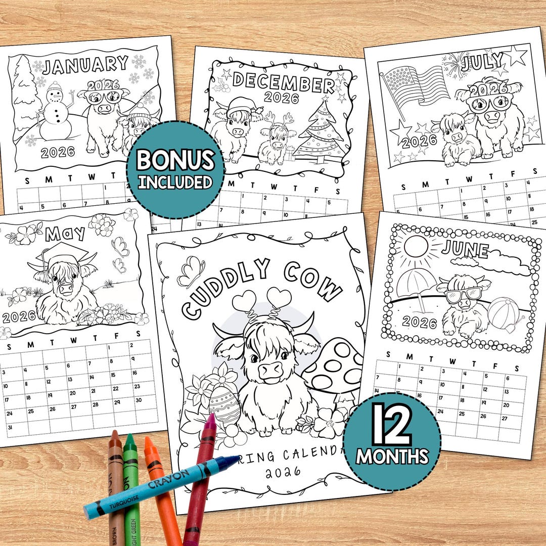 2026 Cuddly Cow Coloring Calendar, Doodle Coloring Pages, Highland Cow ...