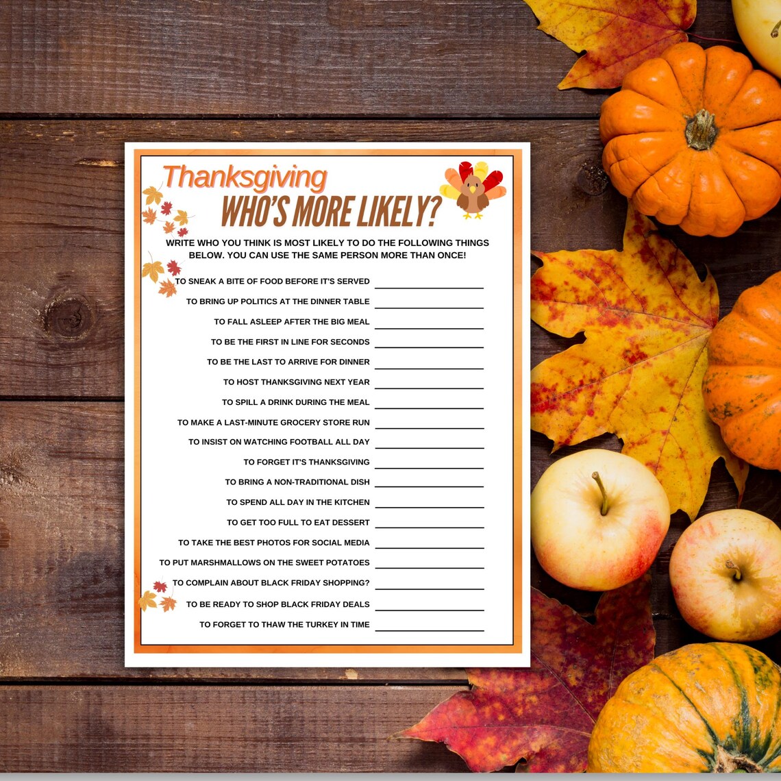 Thanksgiving Game Whos Most Likely, Thanksgiving Office Game, Fall ...