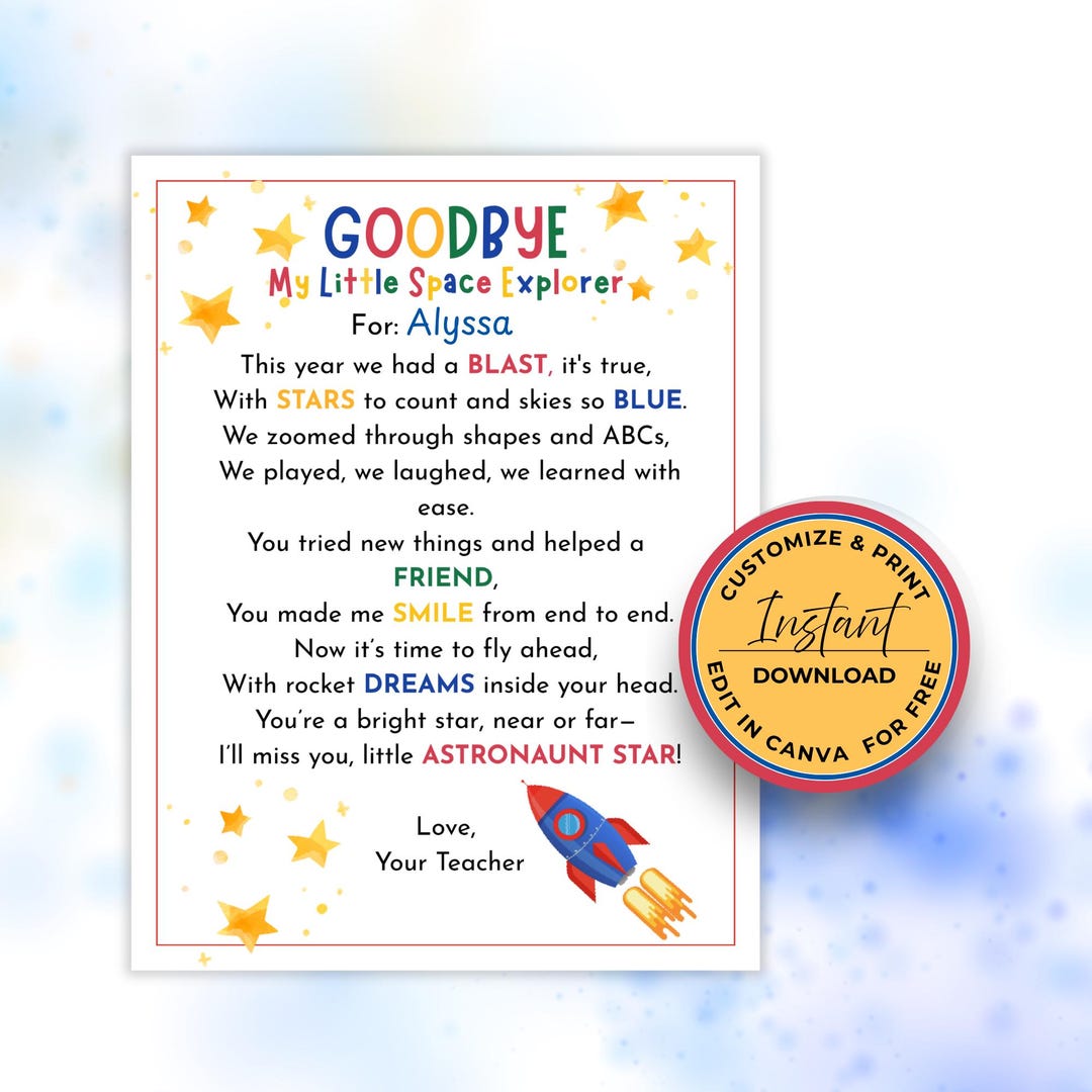 End of Year Student Letter Printable, Goodbye Little Space Explorer ...