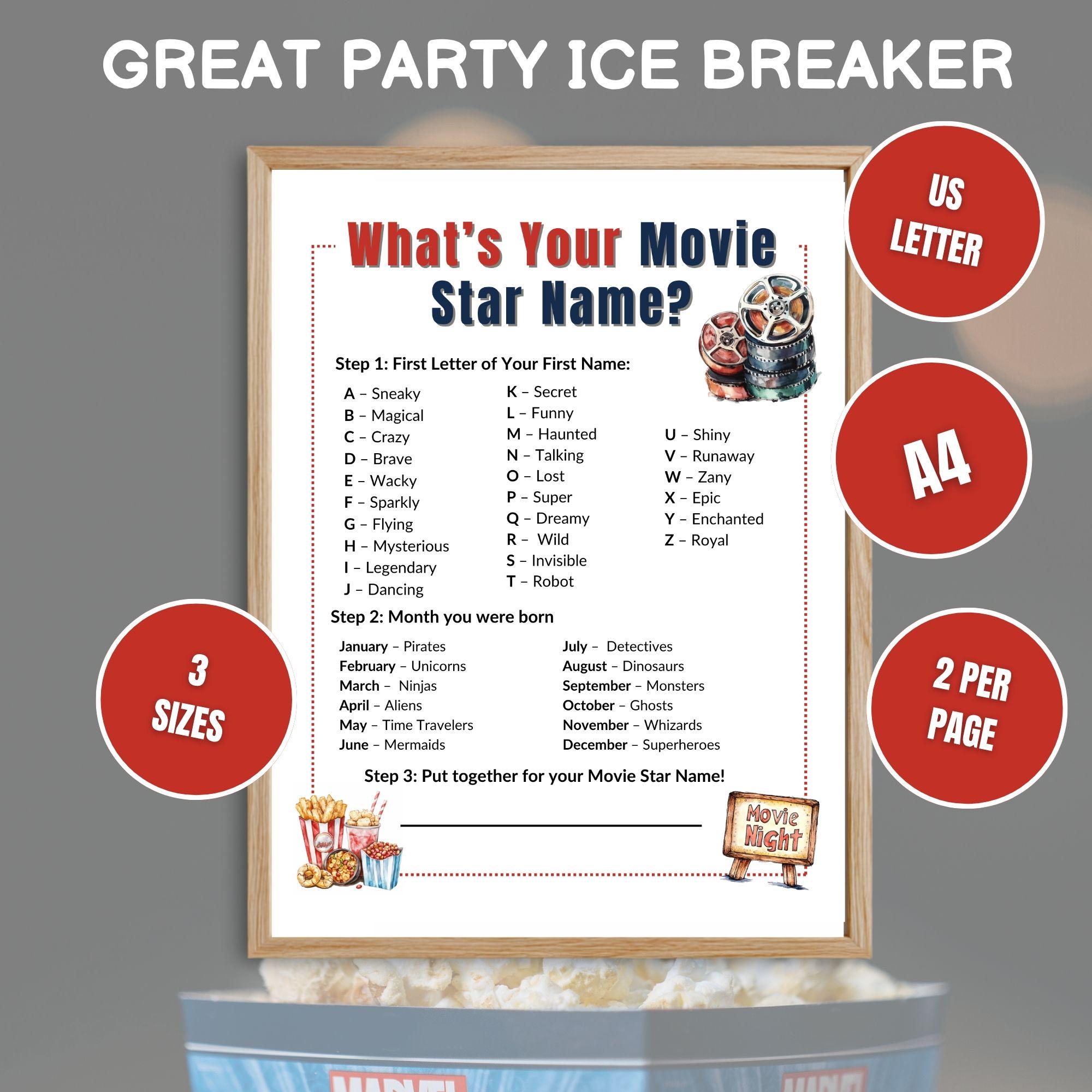 Movie Night Fun Name Generator Printable, Icebreaker What's Your Name ...