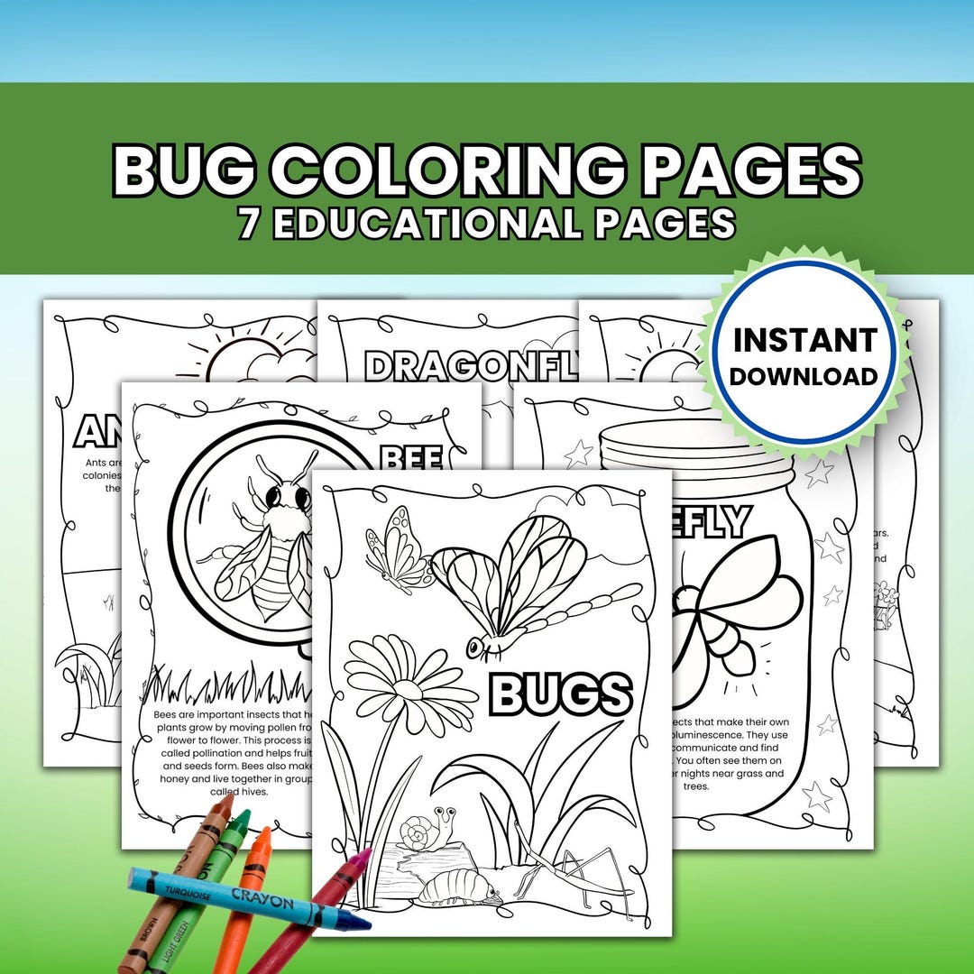Bug Coloring Pages for Kids, 7 Science Learning Worksheets, Insect ...