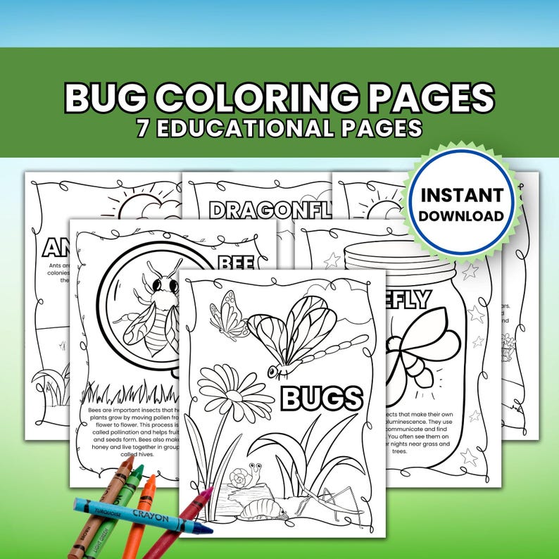 Bug Coloring Pages for Kids, 7 Science Learning Worksheets, Insect ...