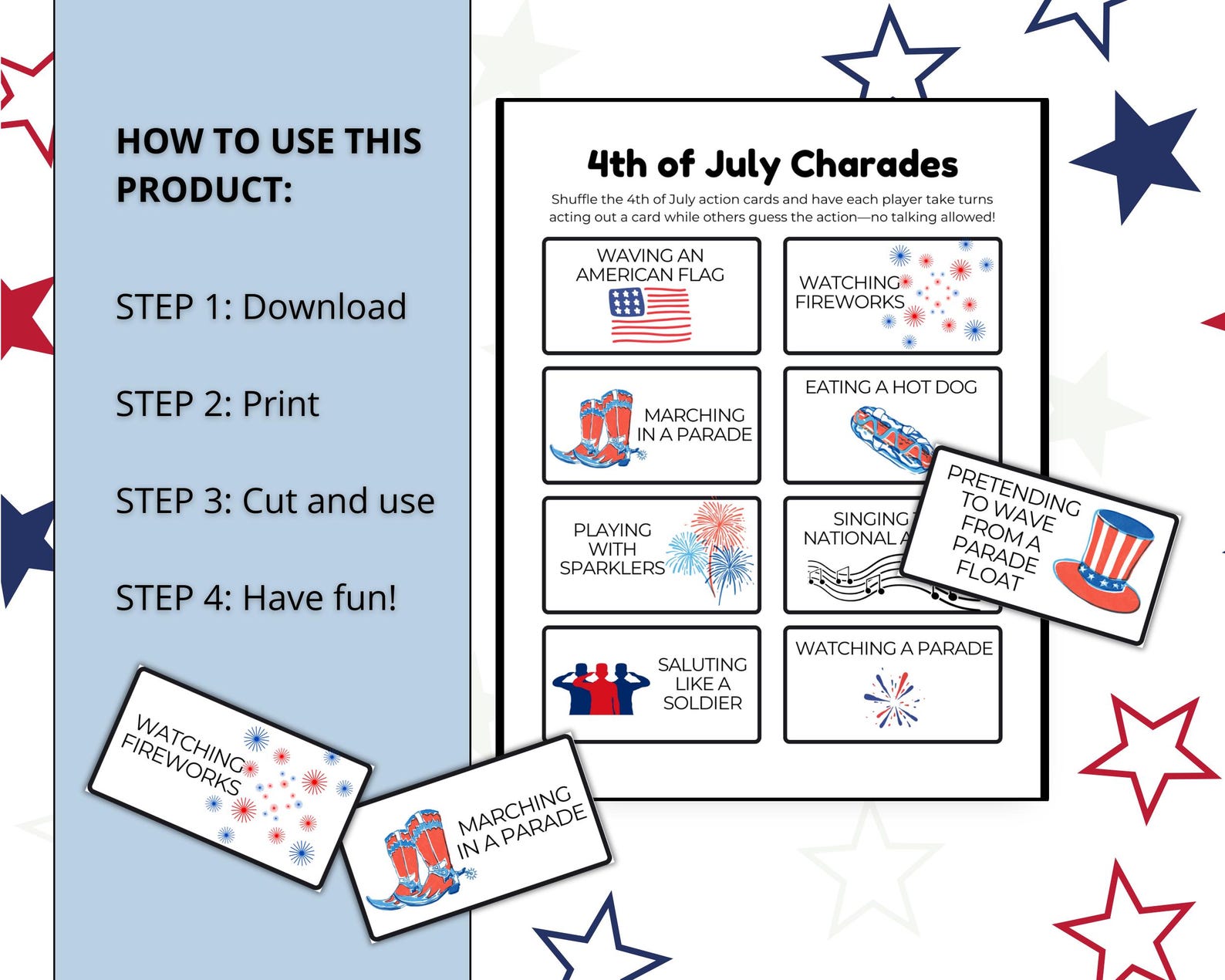 4th of July Charades Game Printable, Fun Independence Day Activity ...