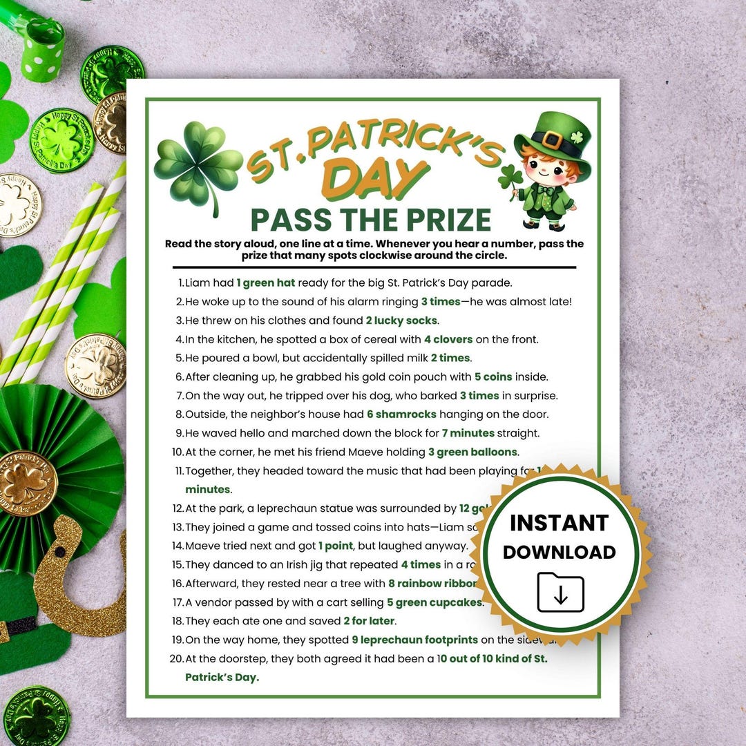 St. Patrick's Day Pass the Prize Game, St. Patty's Indoor Activity ...