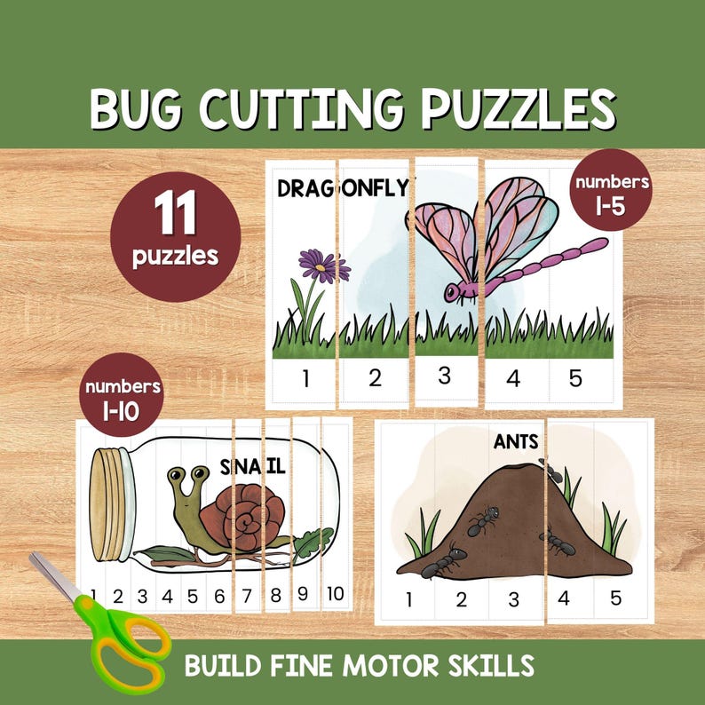 Bug Number Cutting Puzzles, Printable Fine Motor & Counting Activity, 1 ...