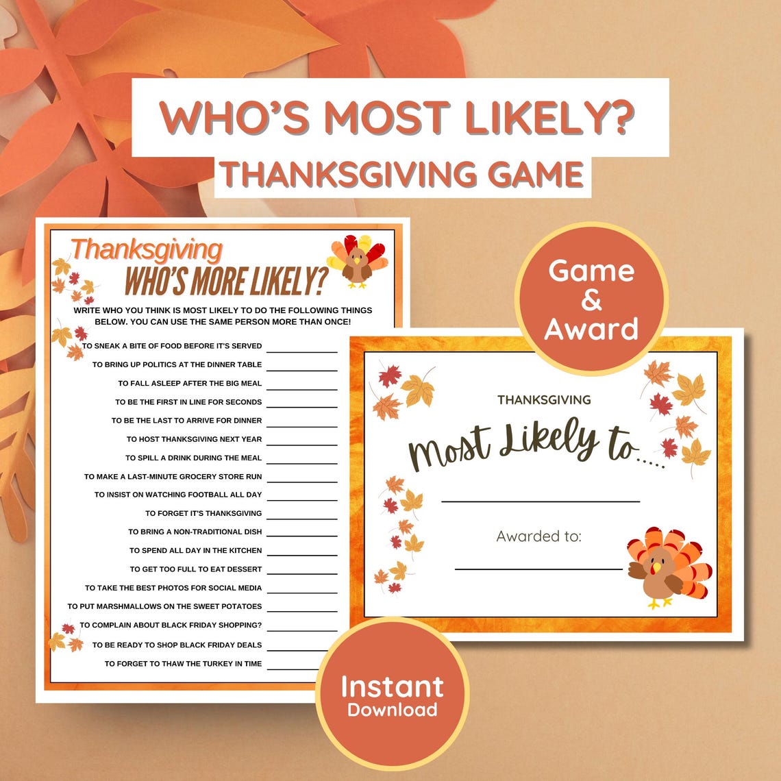 Thanksgiving Game Whos Most Likely, Thanksgiving Office Game, Fall ...