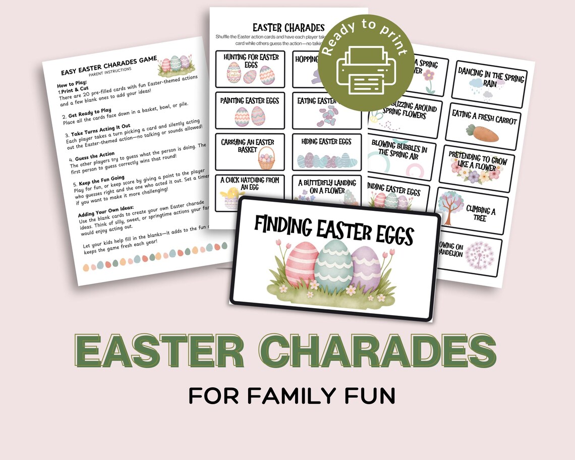 Easy Easter Charades Game for Kids, 20 Printable Cards With Instruction ...