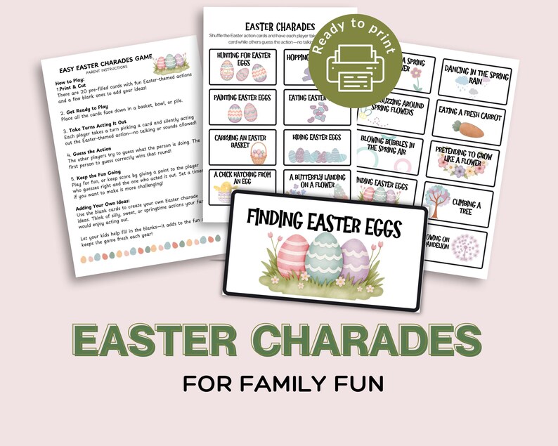 Easy Easter Charades Game for Kids, 20 Printable Cards With Instruction ...
