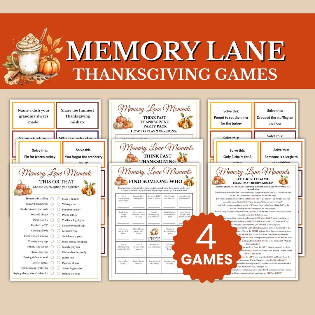 Thanksgiving Game Bundle, 4 Fun Printable Games, Memory Lane Game, Left ...