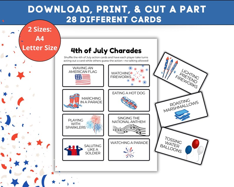 4th of July Charades Game Printable, Fun Independence Day Activity ...