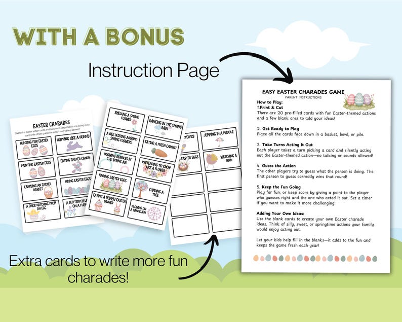 Easy Easter Charades Game for Kids, 20 Printable Cards With Instruction ...