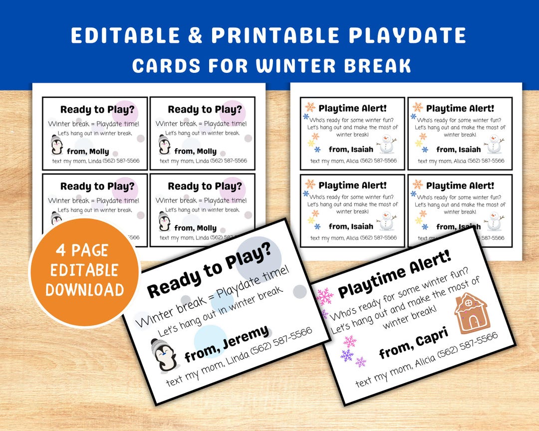 Editable Kids Playdate Contact Cards for Winter Break Playdate With ...