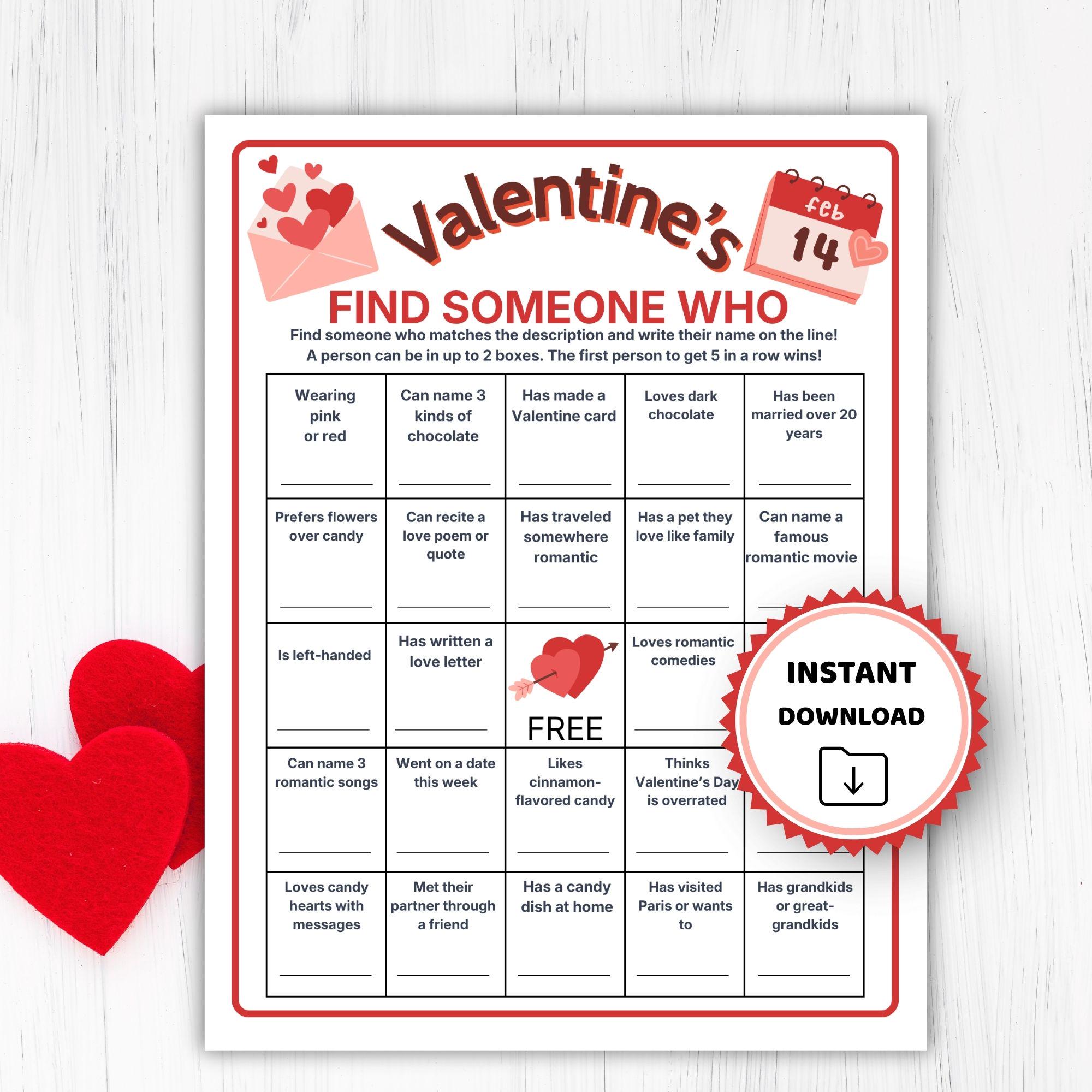Valentine’s Day Find Someone Who Game, Ice Breaker Bingo, Find the ...