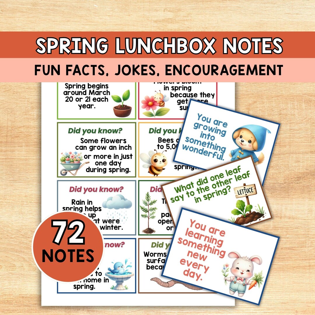 72 Spring Lunchbox Notes for Kids, Printable Lunch Box Notes, 24 Spring ...
