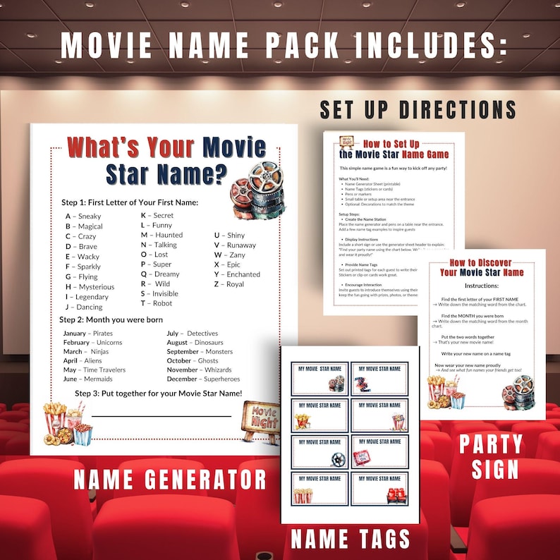 Movie Night Fun Name Generator Printable, Icebreaker What's Your Name ...