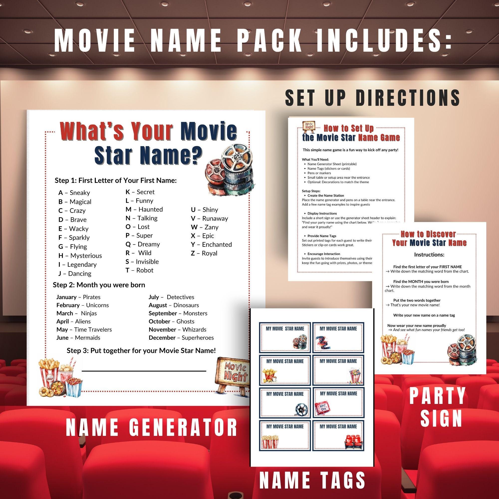 Movie Night Fun Name Generator Printable, Icebreaker What's Your Name ...