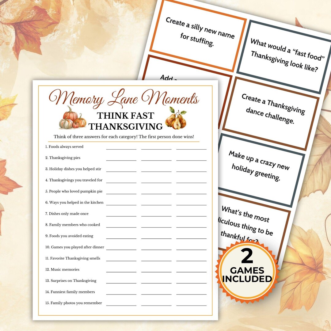 Thanksgiving Think Fast Game Pack, Thanksgiving Memory Lane Printable ...