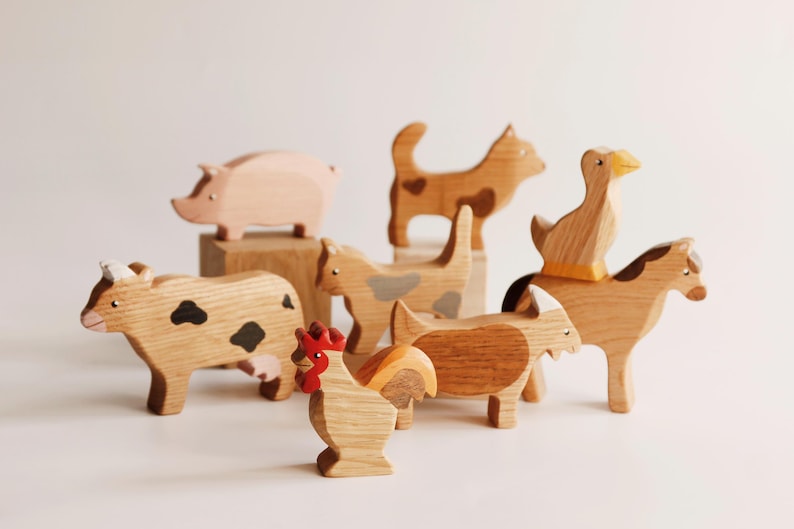 Wooden Toy Barn With Farm Animals | Handmade Natural Wood Playset ...