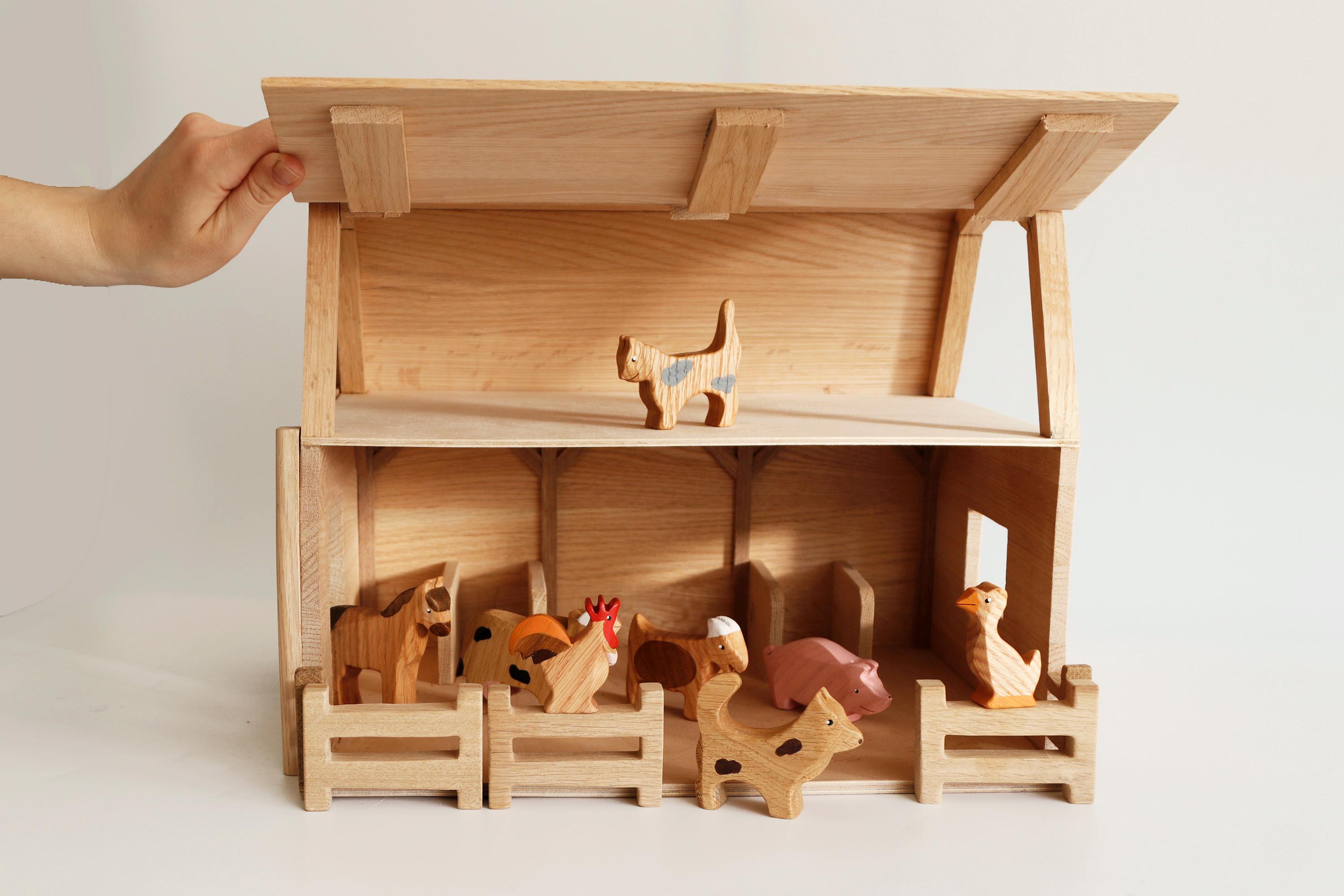 Wooden Toy Barn With Farm Animals | Handmade Natural Wood Playset ...