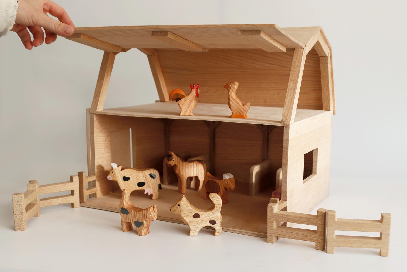 Wooden Toy Barn With Farm Animals | Handmade Natural Wood Playset ...