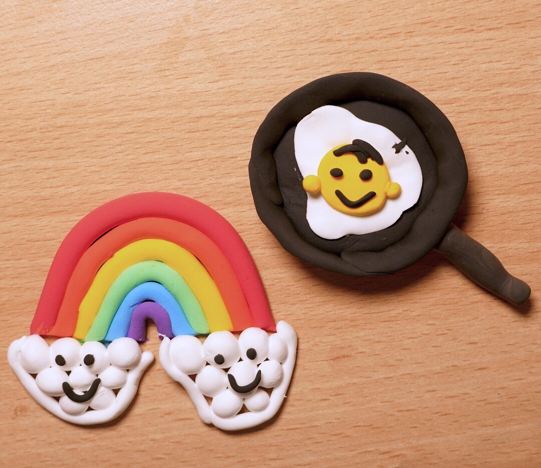 Cute Egg in Frying Pan and Rainbow, Handmade Polymer Clay Collector ...