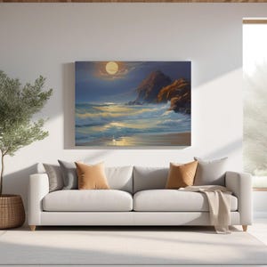 Impressionist Beach in Moonlight, Calming Nature Artwork, Canvas Wall ...
