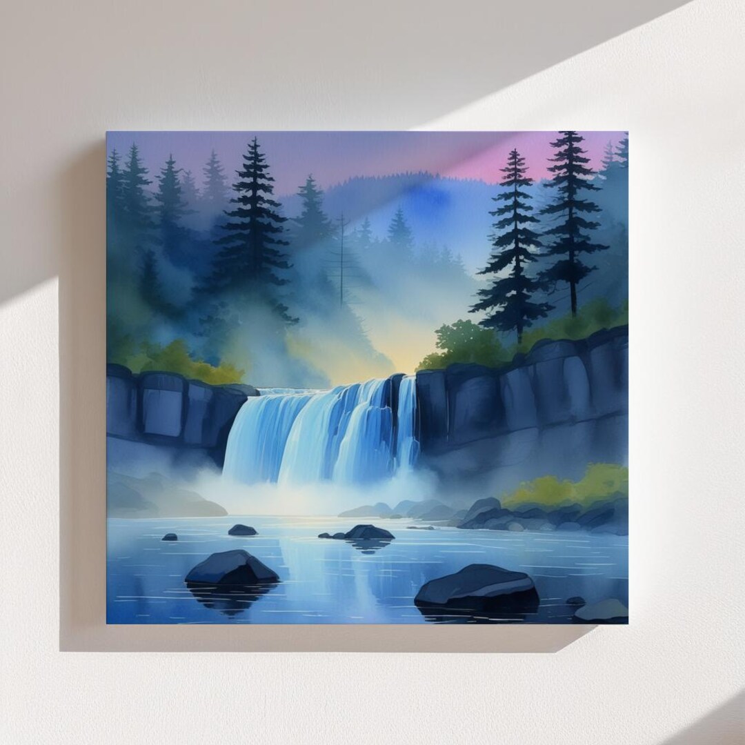 Serene Waterfall at Dusk, Watercolor Digital Painting, Canvas Wall Art ...