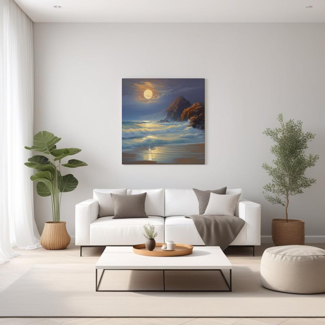 Impressionist Beach in Moonlight, Calming Nature Artwork, Canvas Wall ...