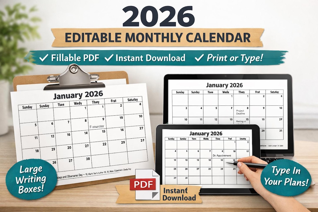 2026 Printable Fillable Calendar | Landscape Monthly Planner PDF ...