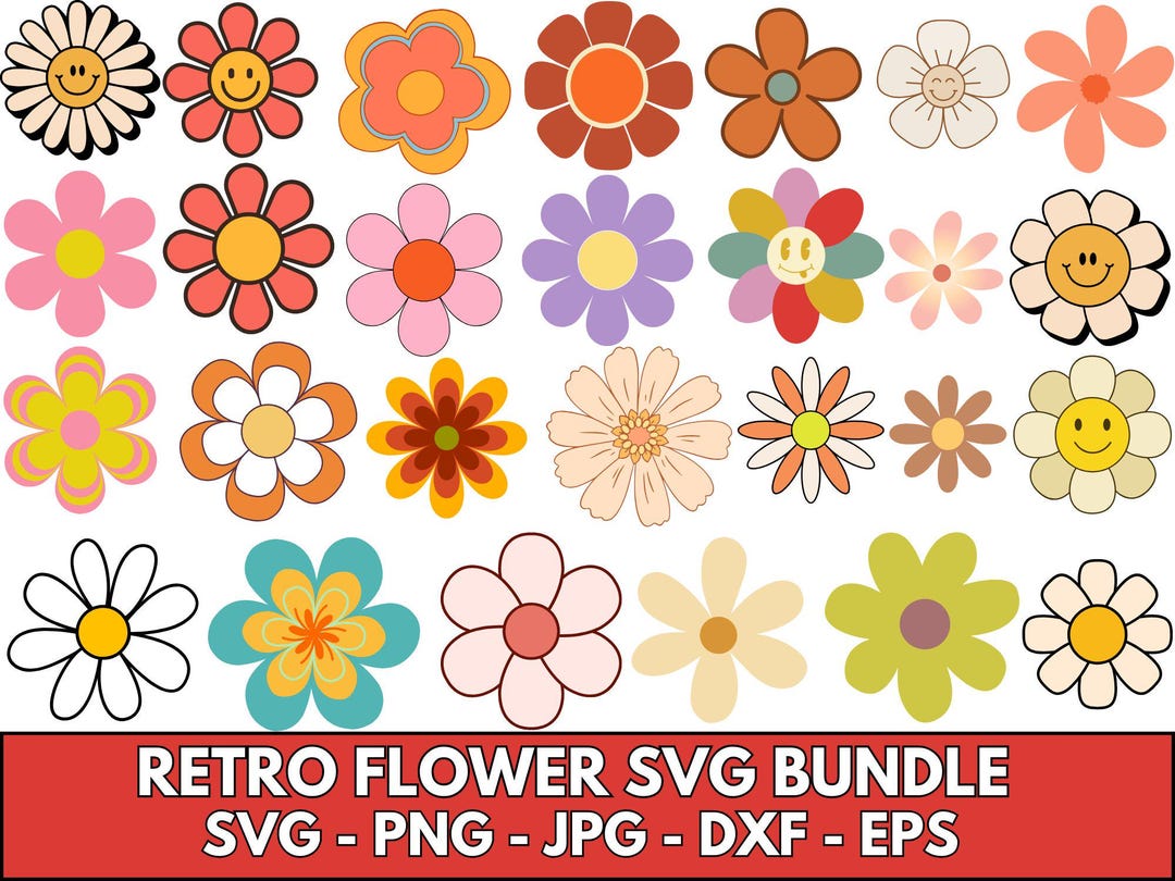Retro Flowers Svg, Flower Clipart, Daisy Flower Cut File,boho Flower ...